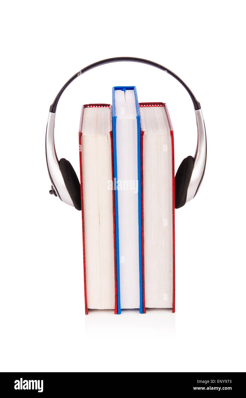 Concept of audio books with earphones on white Stock Photo - Alamy
