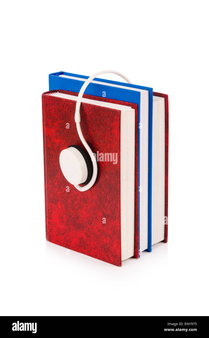 Concept of audio books with earphones on white Stock Photo - Alamy