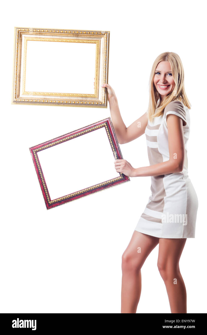 Woman with picture frame on white Stock Photo - Alamy