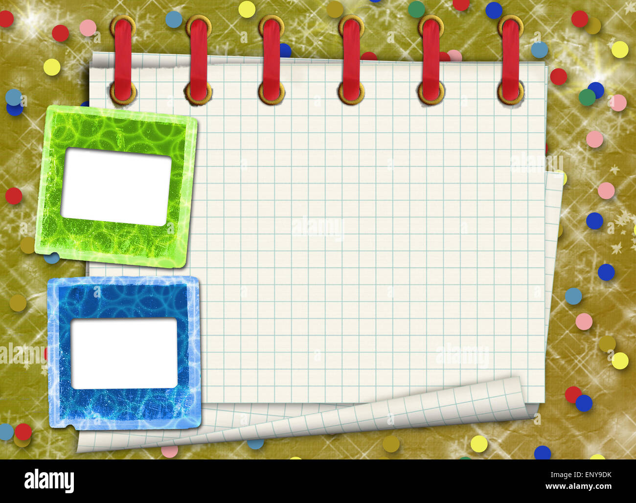A sheet of paper with slides on an abstract background of the New Year ...