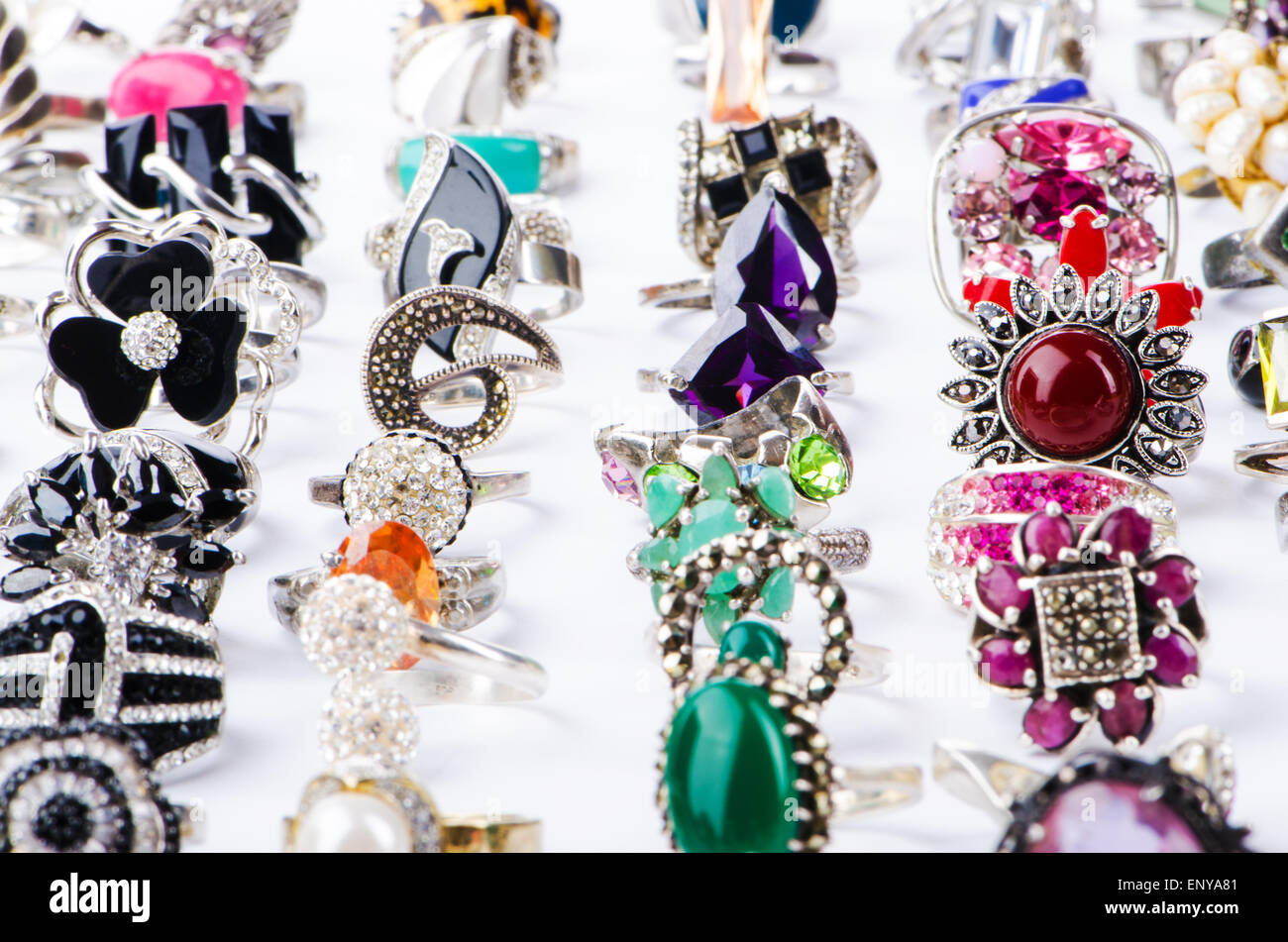 Collection of jewellery rings on white Stock Photo - Alamy