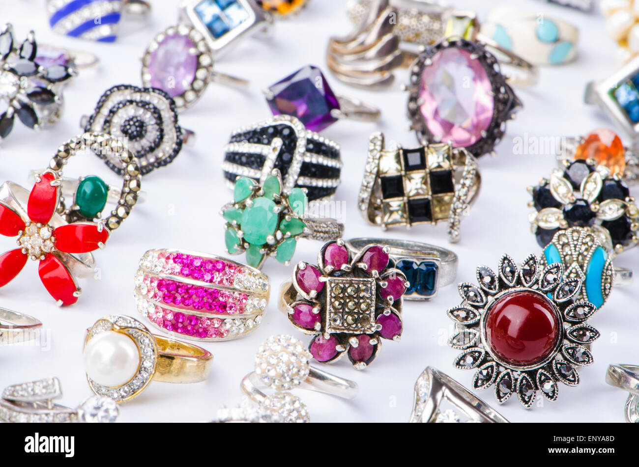 Collection of jewellery rings on white Stock Photo - Alamy