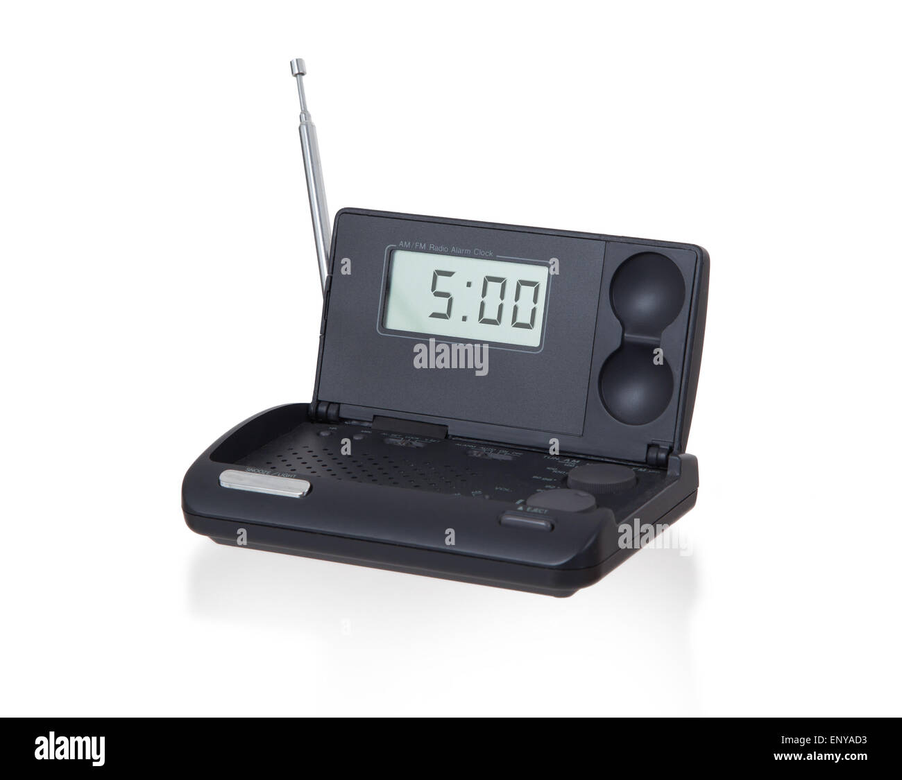 Old digital radio alarm clock isolated on white - Time is 5:00 Stock ...