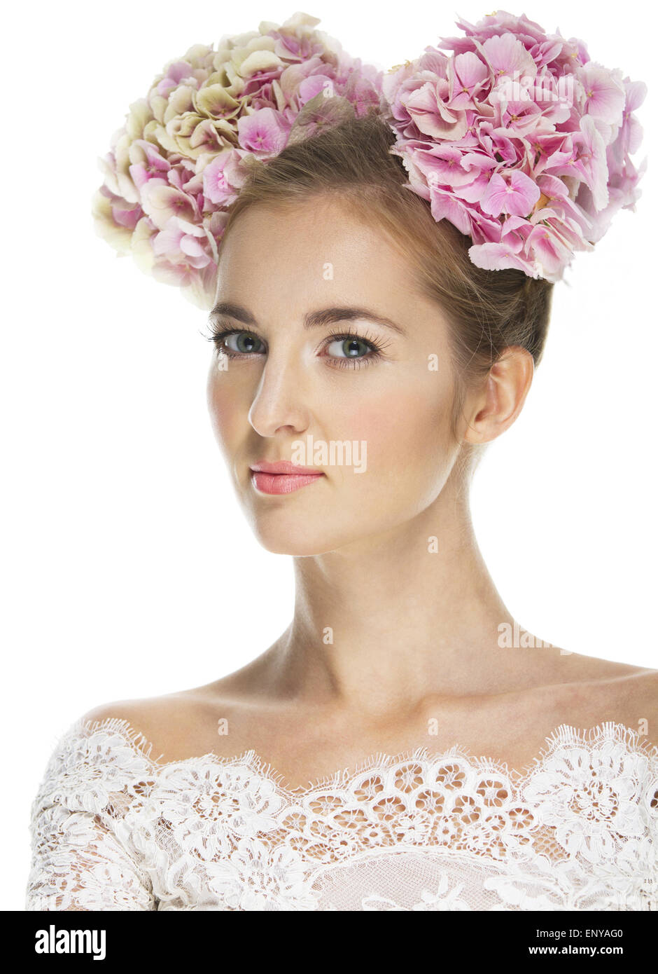 Beautiful blond girl with hydrangea in her hair Stock Photo - Alamy