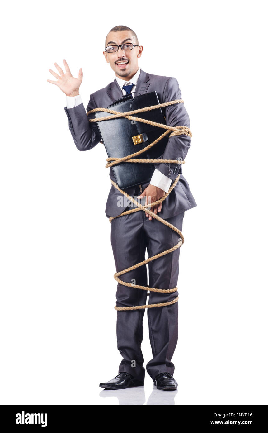 Businessman tied up with rope Stock Photo - Alamy