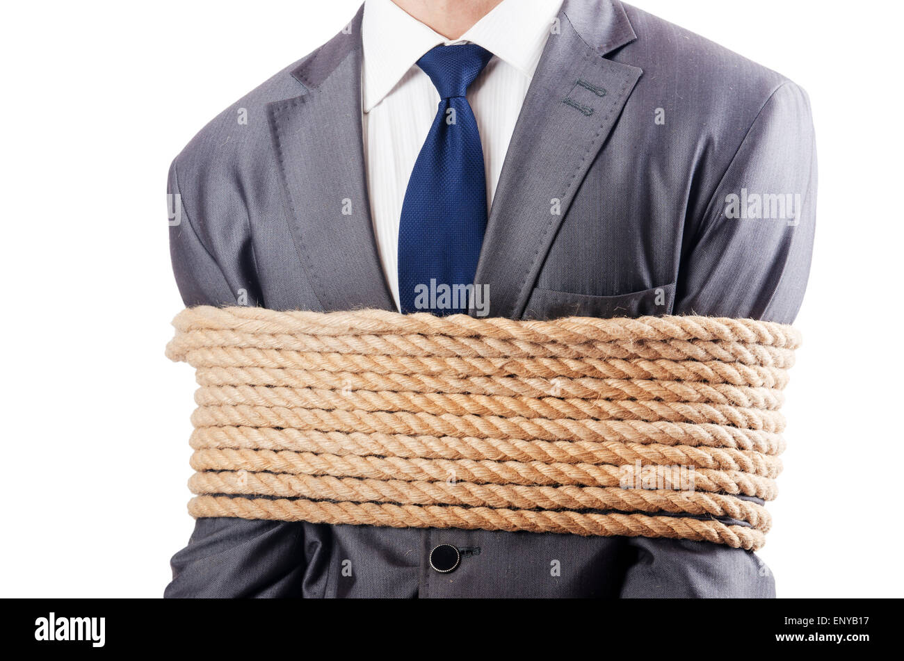 Man tied up with rope on white Stock Photo - Alamy