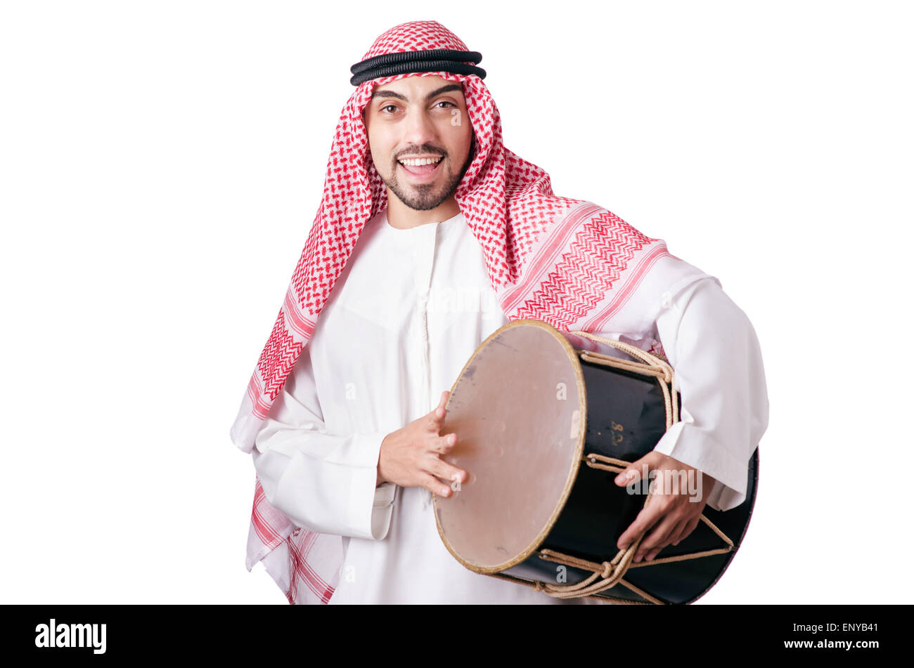 Arab man playing drum isolated on white Stock Photo - Alamy