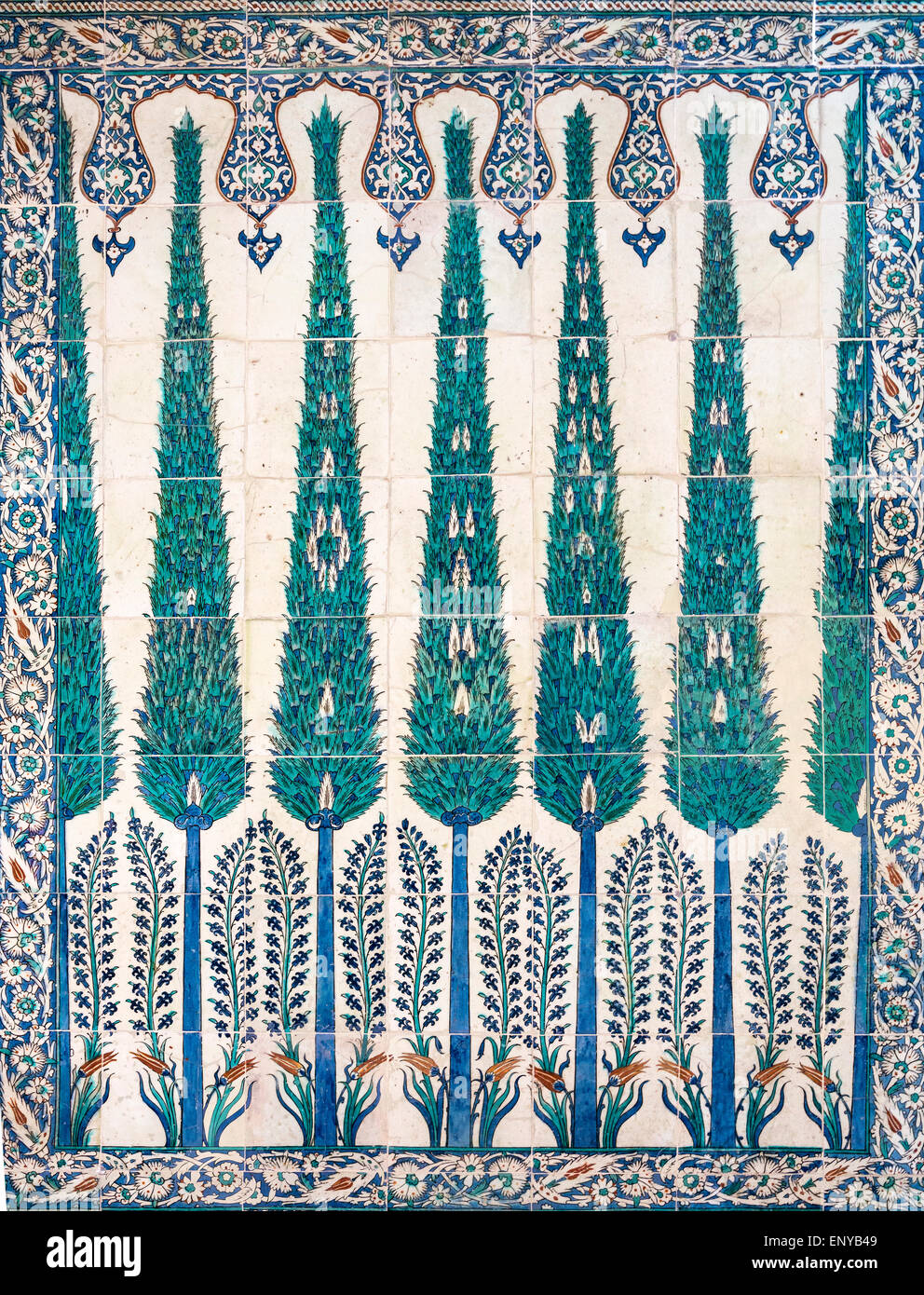 17th cen. Iznik tiles depicting cyprus trees. In the Courtyard of te ...