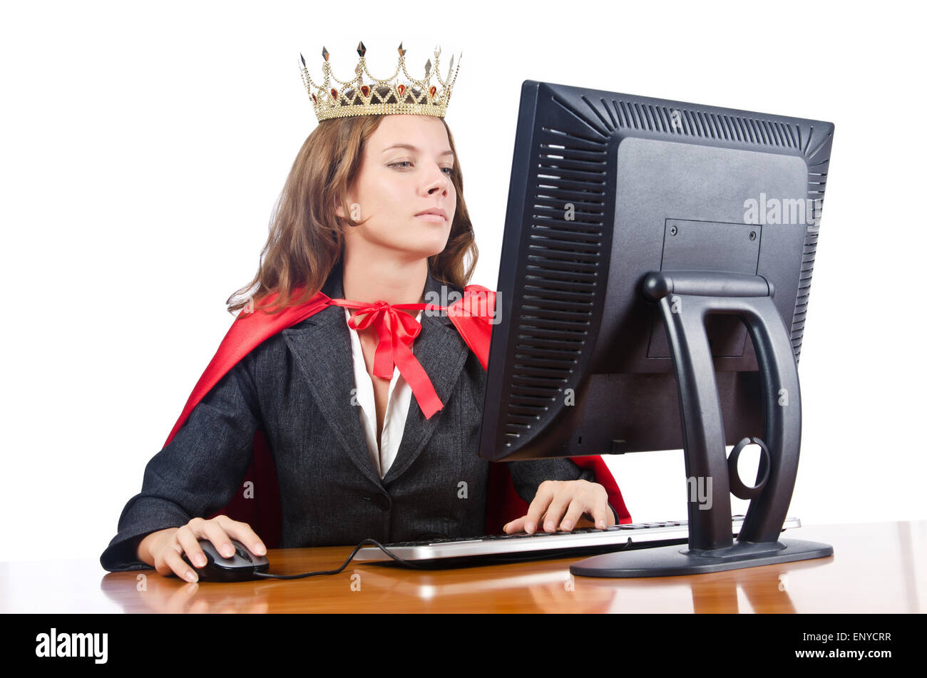 Superwoman worker with crown working in office Stock Photo - Alamy