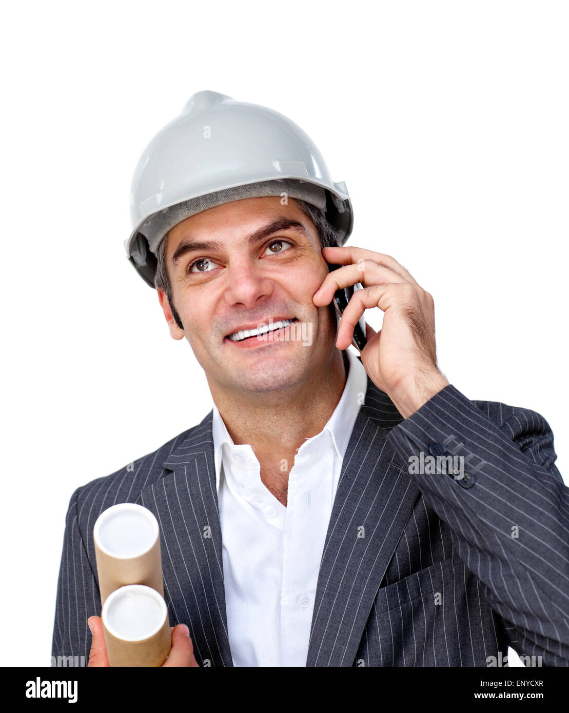 Charming male architect on phone against a white background Stock Photo ... Charming male architect on phone against a white background Stock Photo ...