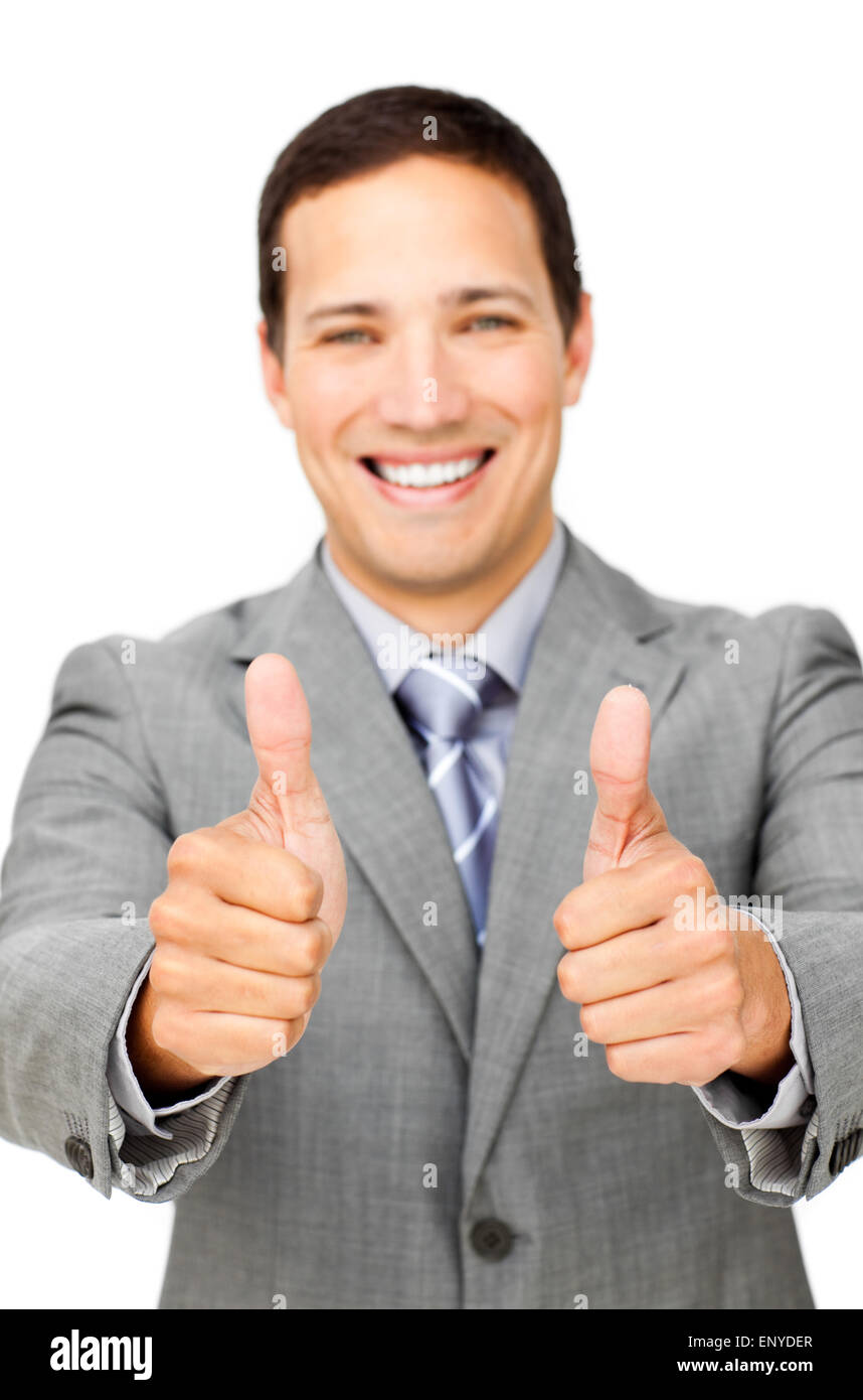 Fortunate businessman with thumbs up Stock Photo - Alamy