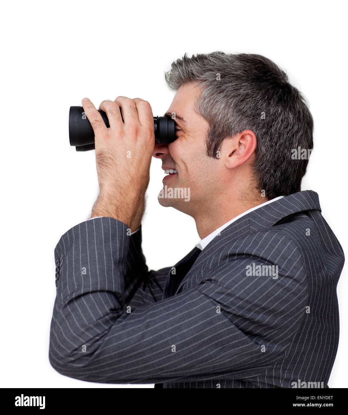 Businessman predicting future success against a white background Stock ...