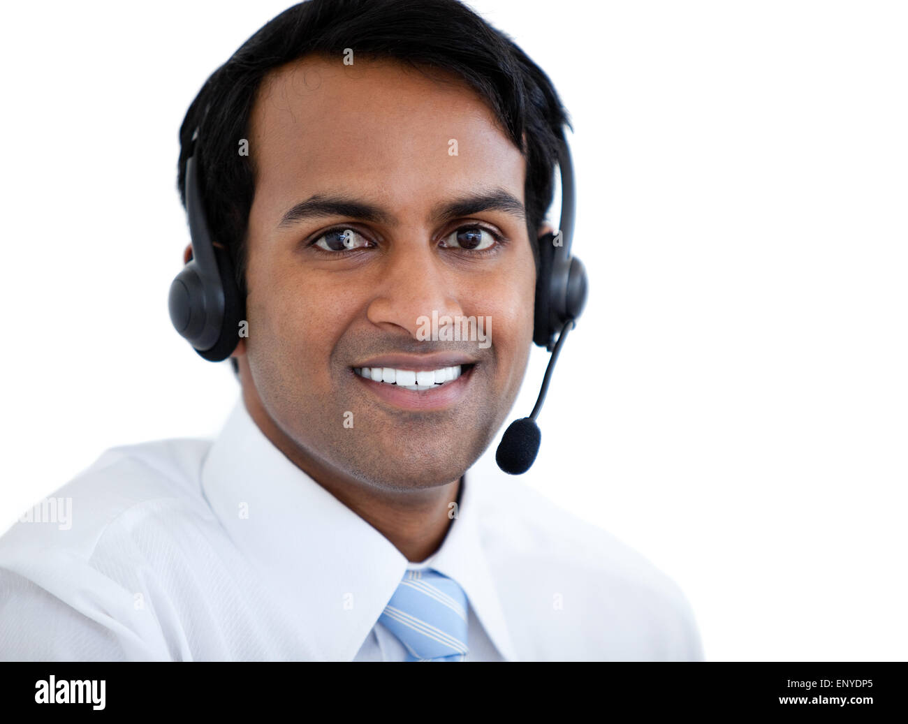 Posotive sales representative man with an headset against white ...