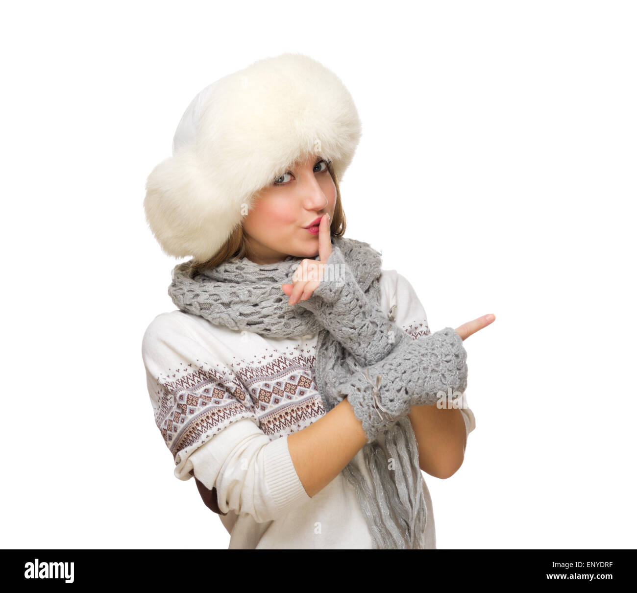 Young smiling girl shows pointing gesture isolated Stock Photo - Alamy