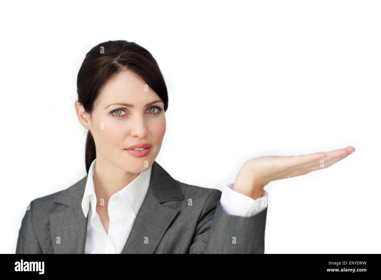 Businesswoman promoting isolated on a white background Stock Photo - Alamy