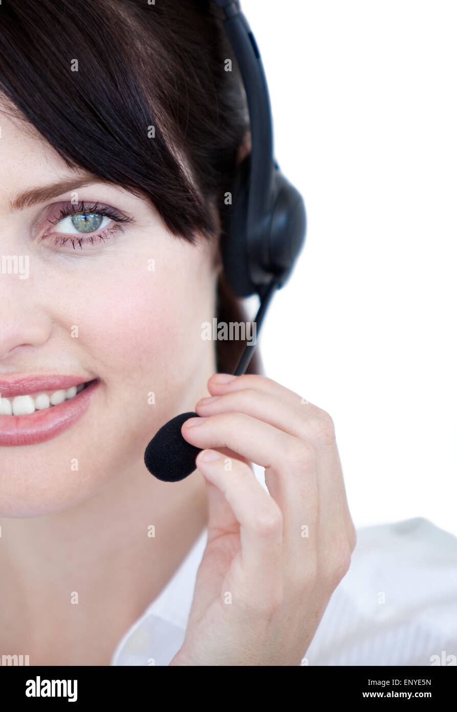 Close-up of sales representative woman with an headset against white ...