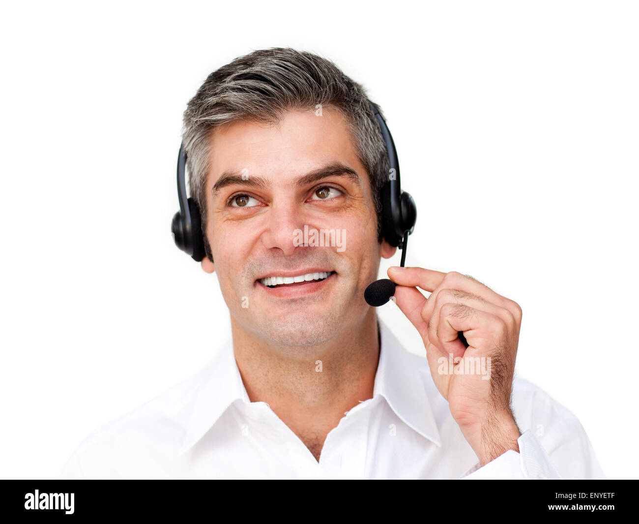 Charming customer service agent with headset on against a white ...