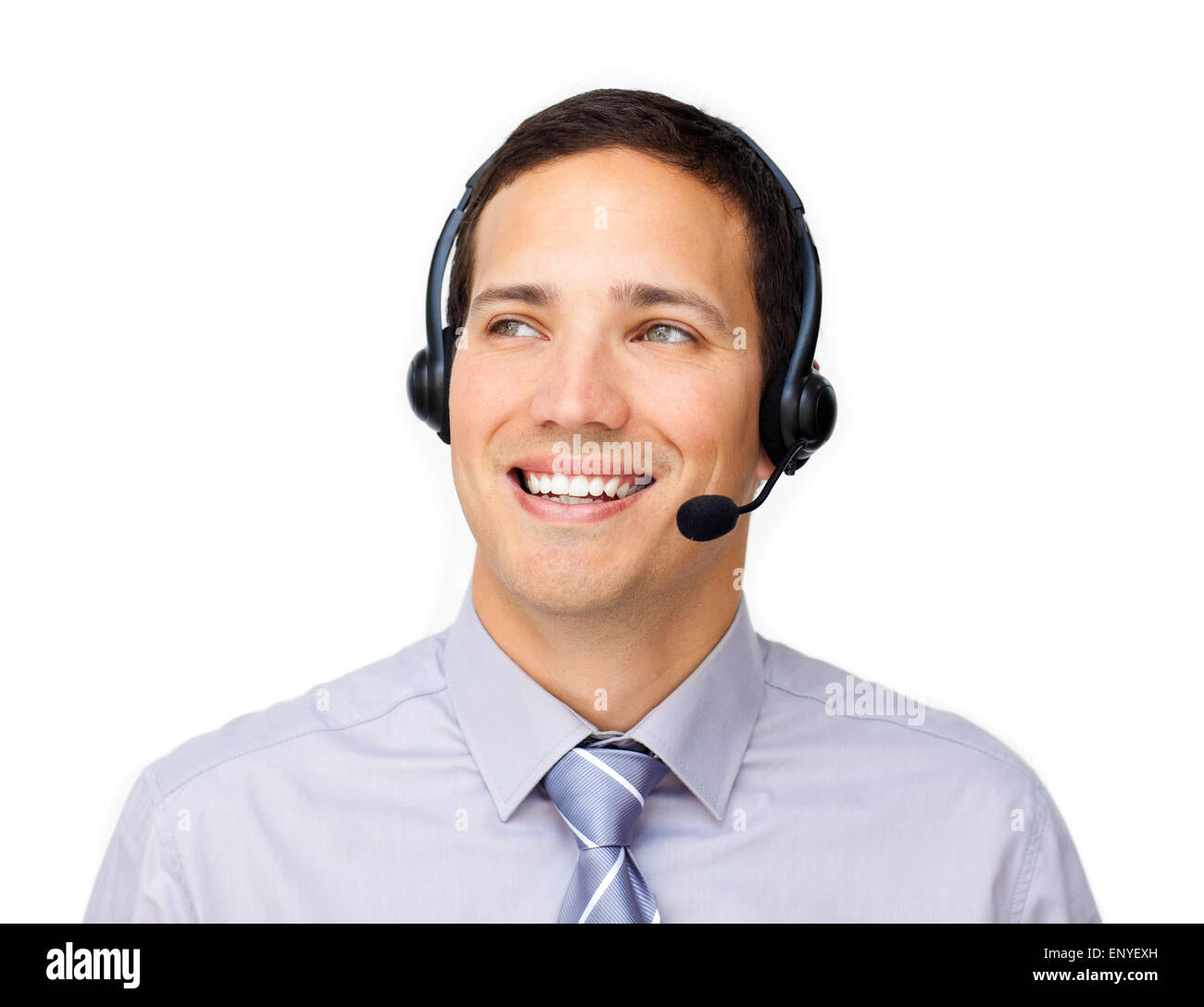 Young customer service agent with headset on against a white background ...
