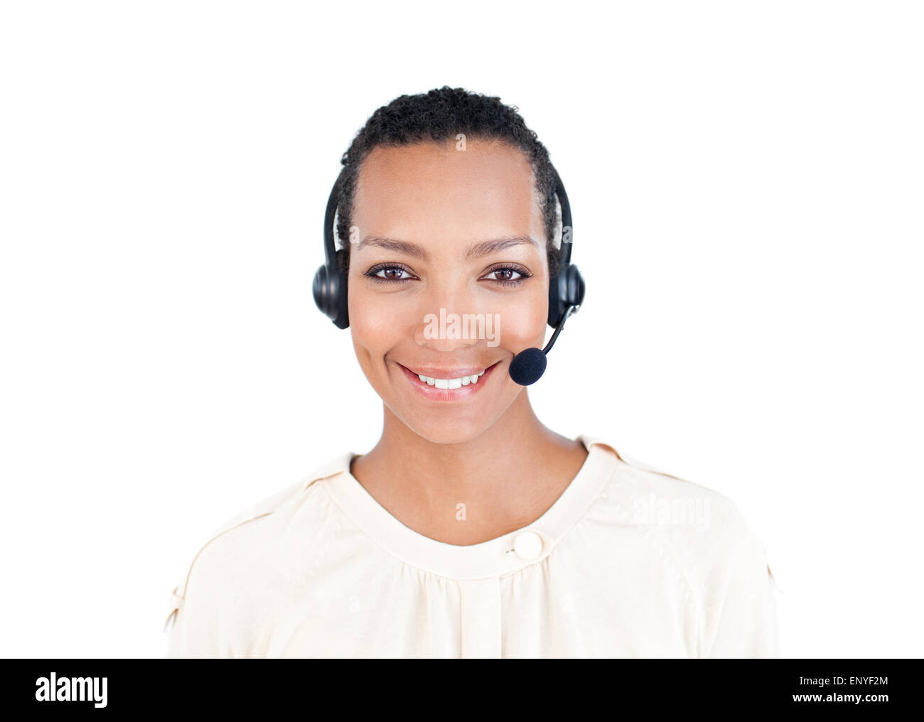Smiling Customer service representative with headset on against a white ...