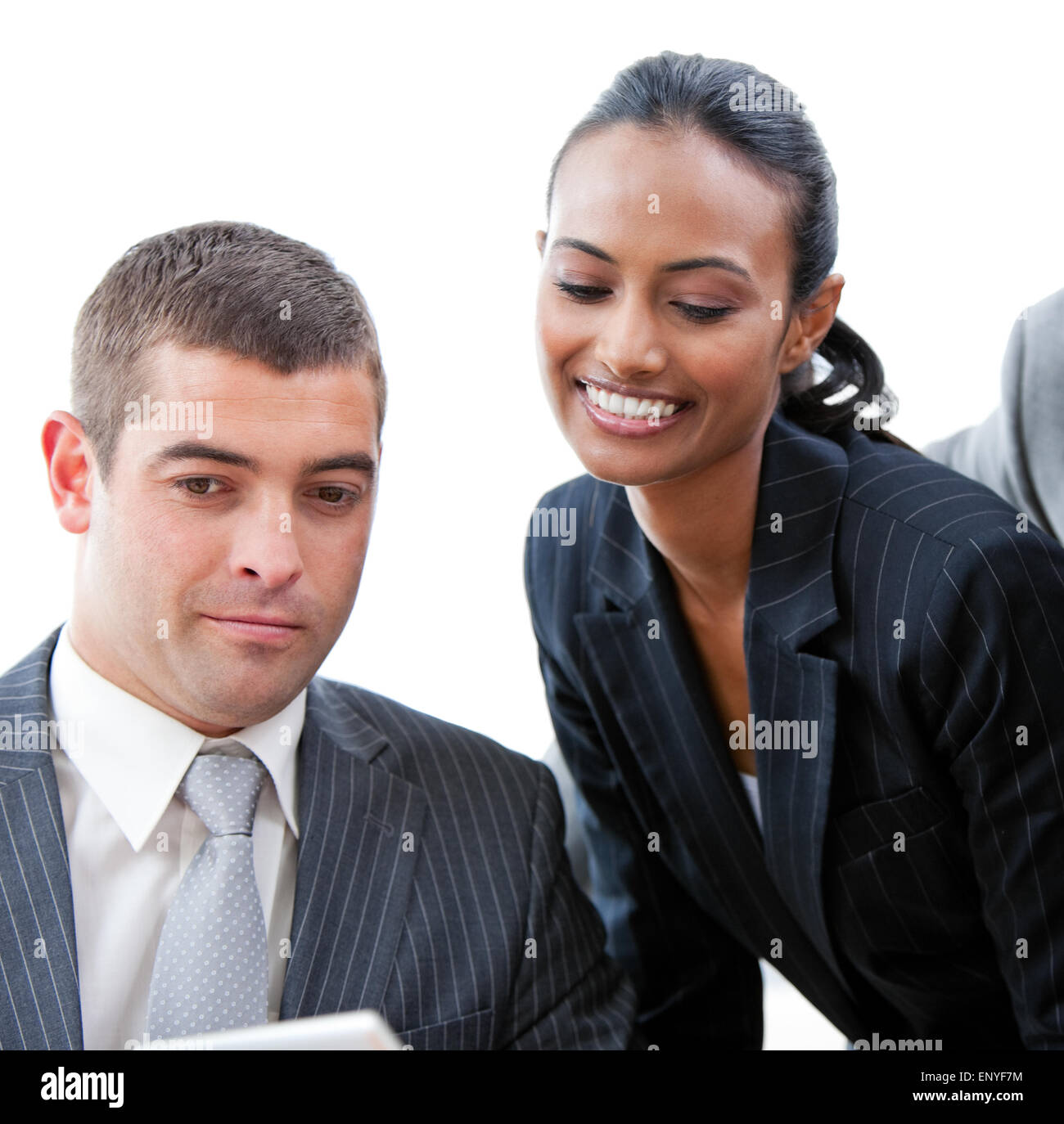 Charming businesswoman helping a colleague in a meeting. Business ...