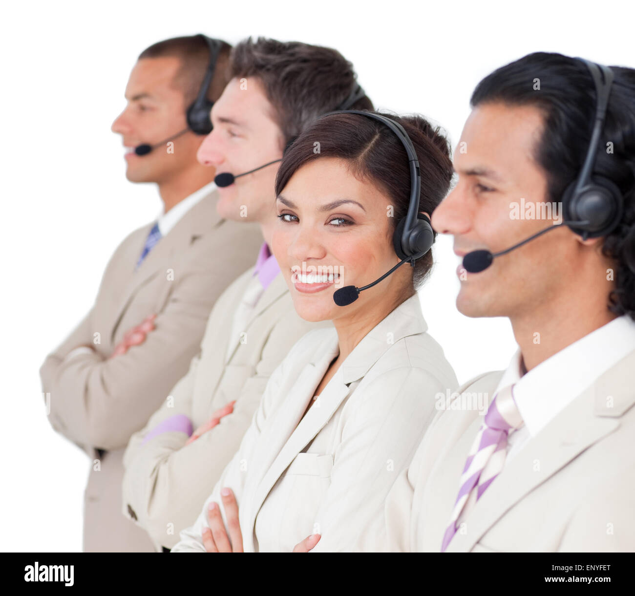 Communication microphone standing face to face smiling hi-res stock ...