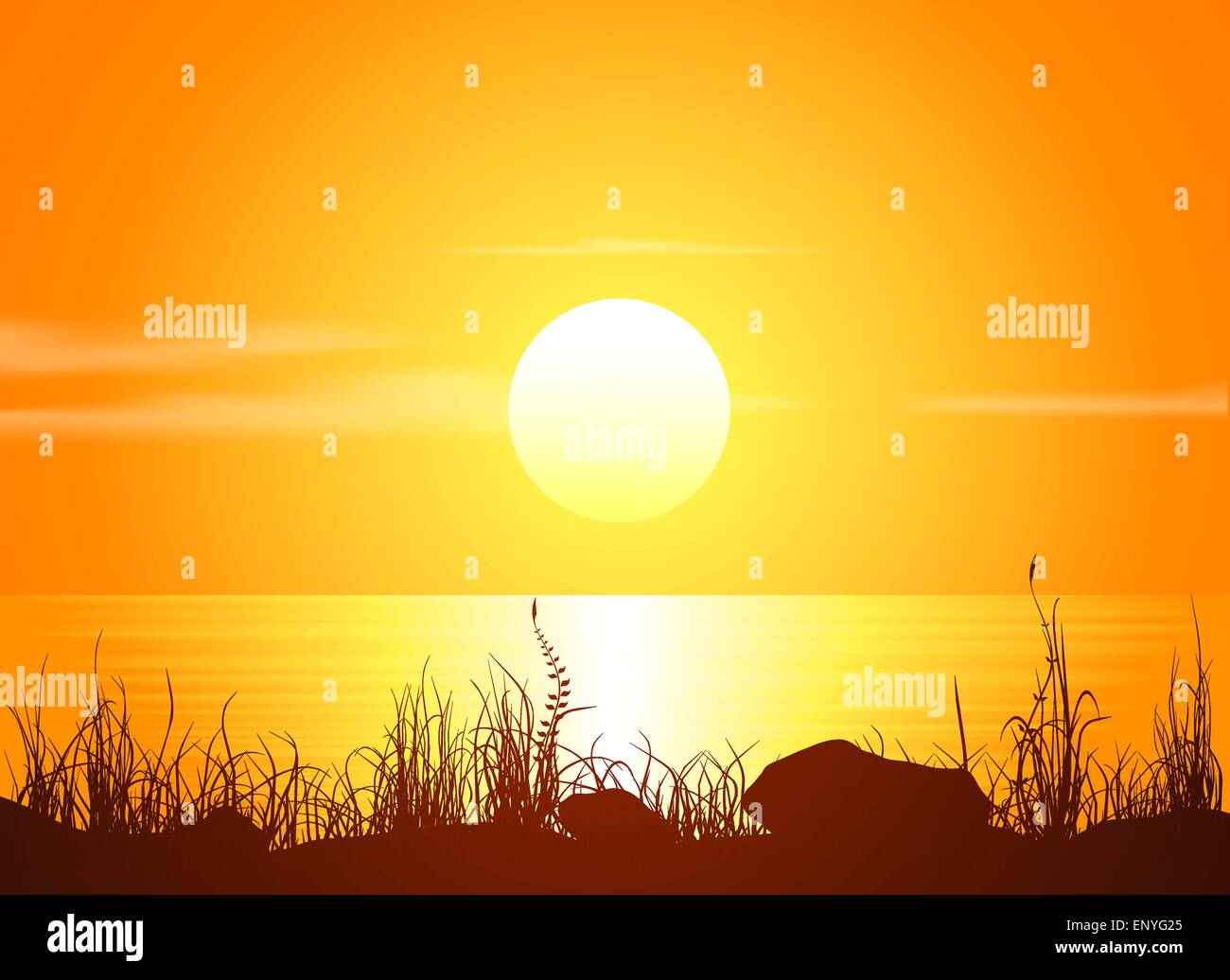 Landscape with sunset at the seashore. Grass silhouette over bright ...