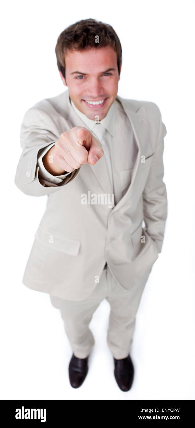 Smiling woman pointing finger open Cut Out Stock Images & Pictures - Alamy