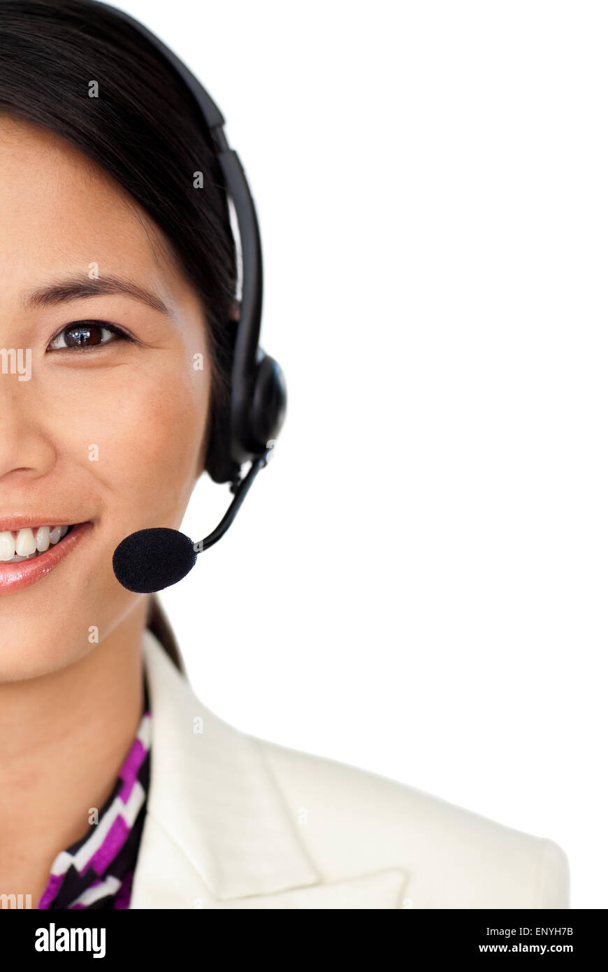Confident customer service representative using headset isolated on a ...