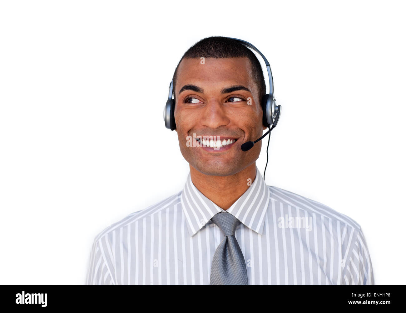 Smiling young customer service agent with headset on isolated on a ...
