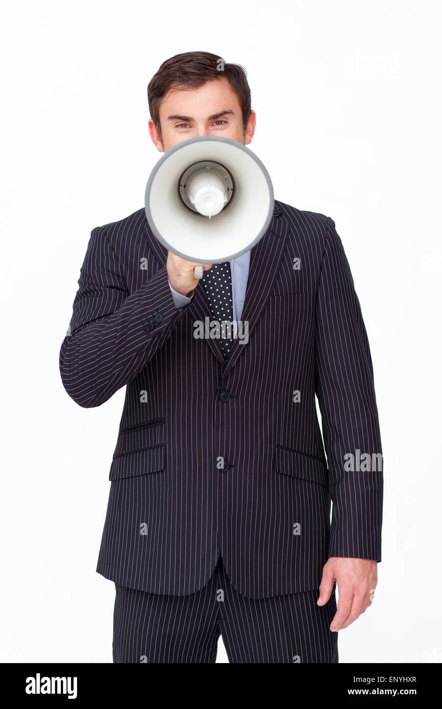 Young businessman shouting through a megaphone Stock Photo - Alamy