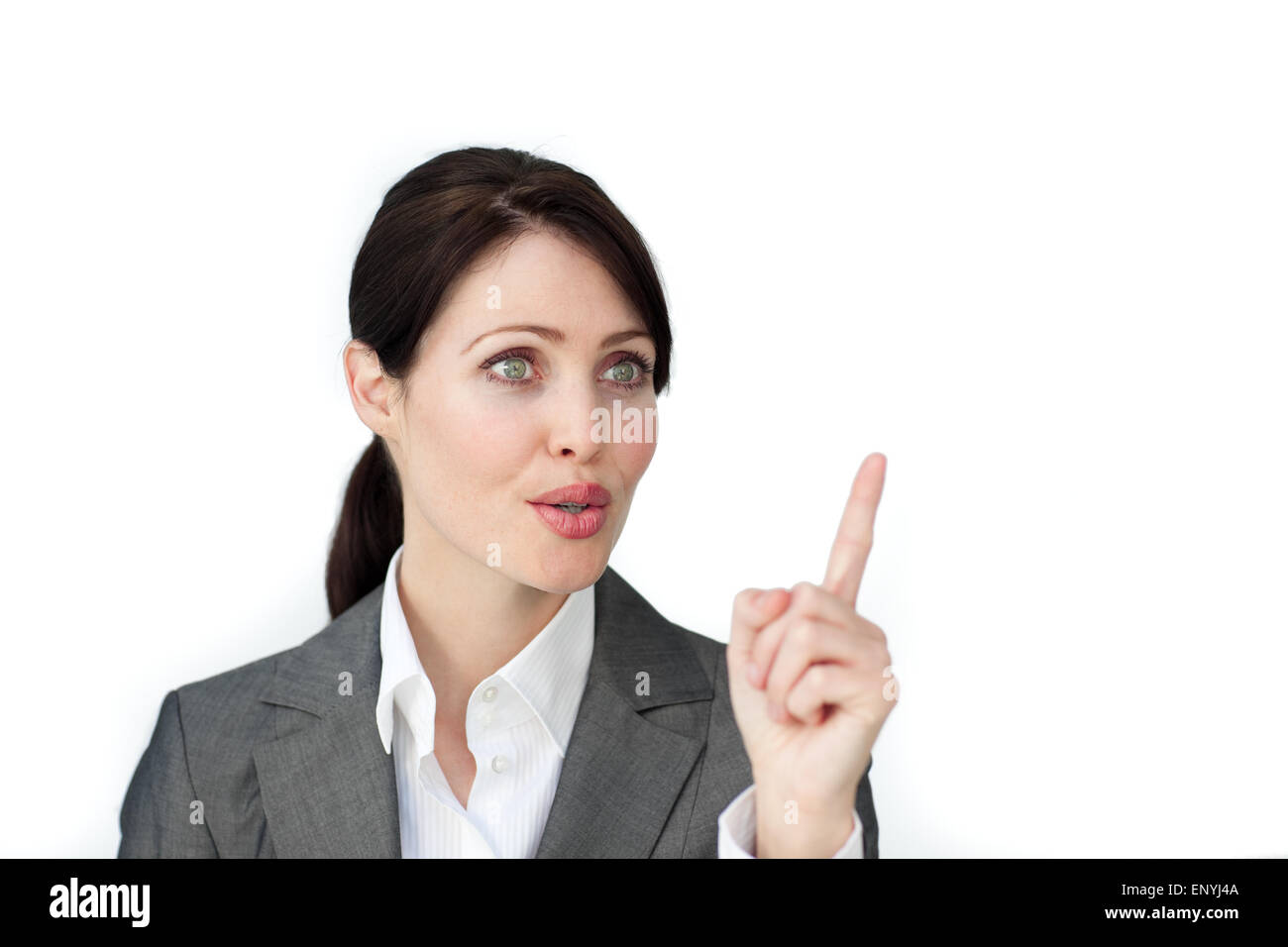 Bright businesswoman giving instructions isolated on a white background ...