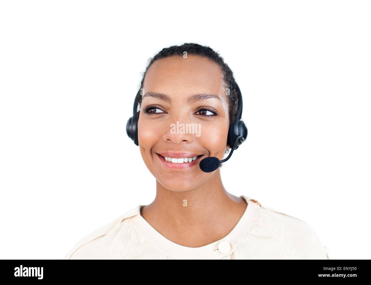 Assertive Customer service representative with headset on against a ...