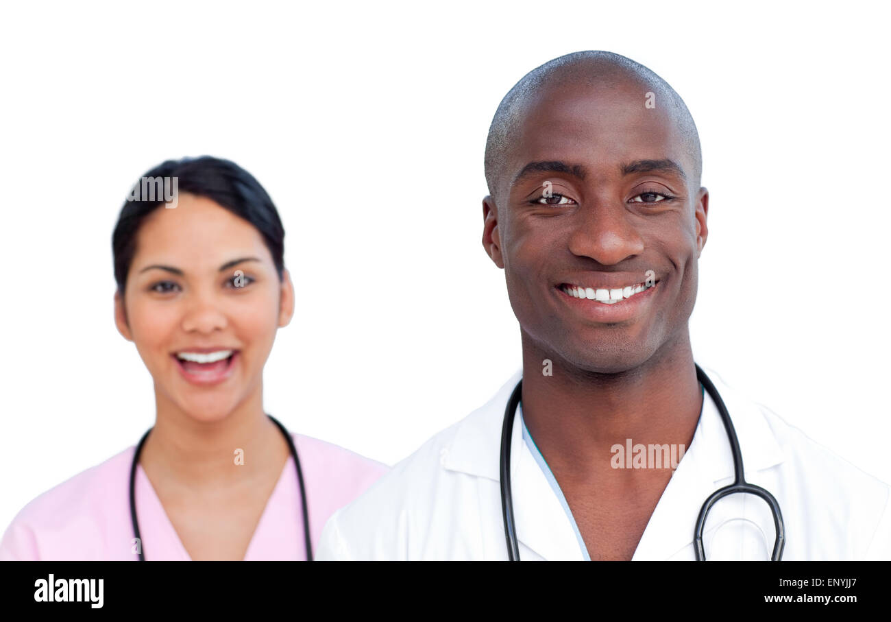 Portrait of two self-assured doctors against a white background Stock ...