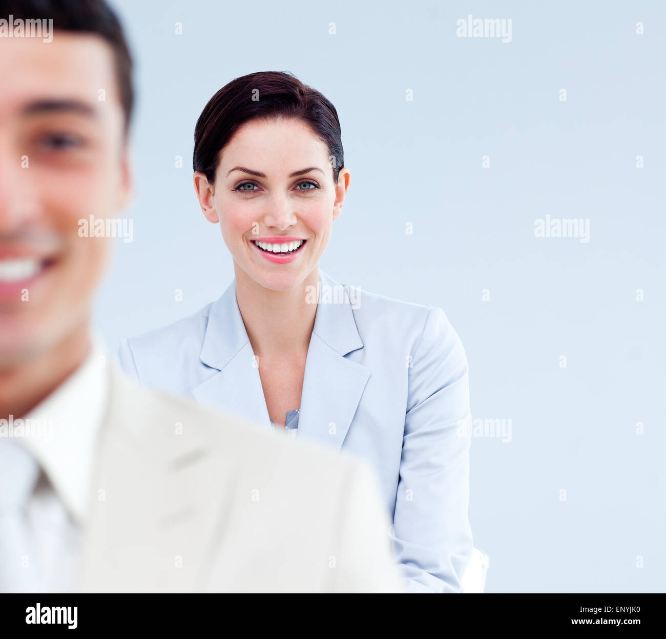 Smiling business people standing in a line Stock Photo - Alamy