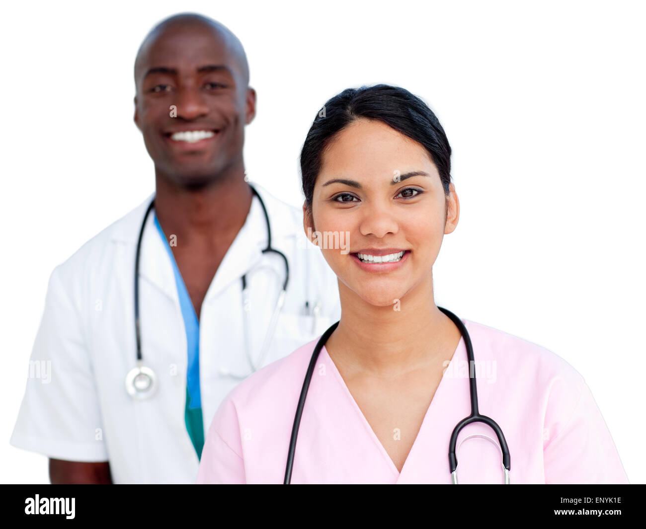 Portrait of two positive doctors against a white background Stock Photo ...