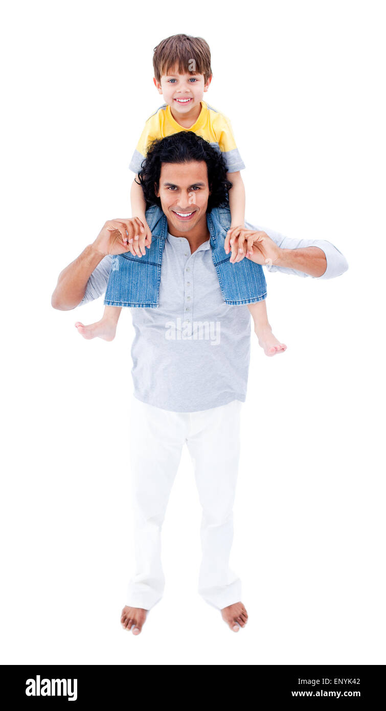 Happy father and his boy playing together isolated on a white ...