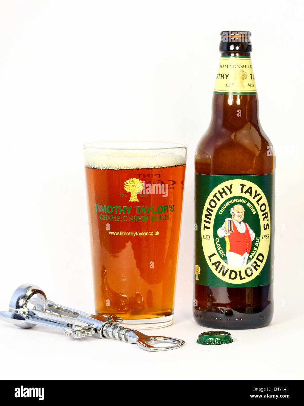 A bottle of Timothy Taylor "Landlord" beer or ale and a full pint pot ...