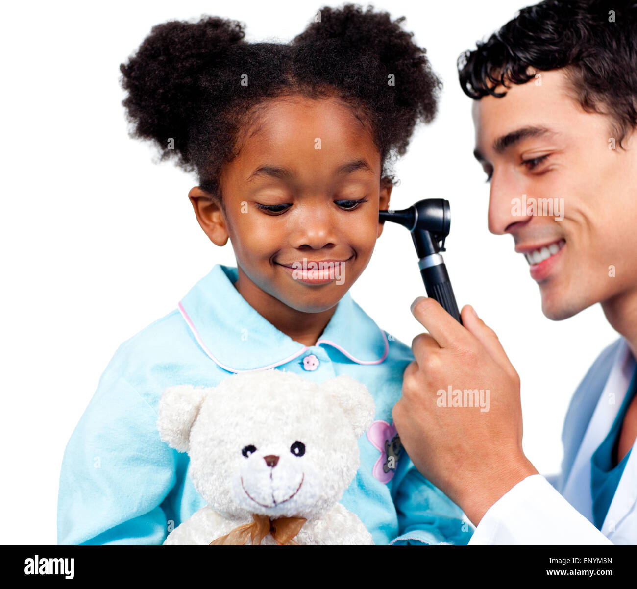 Male doctor examining his patient's ears against a white background ...