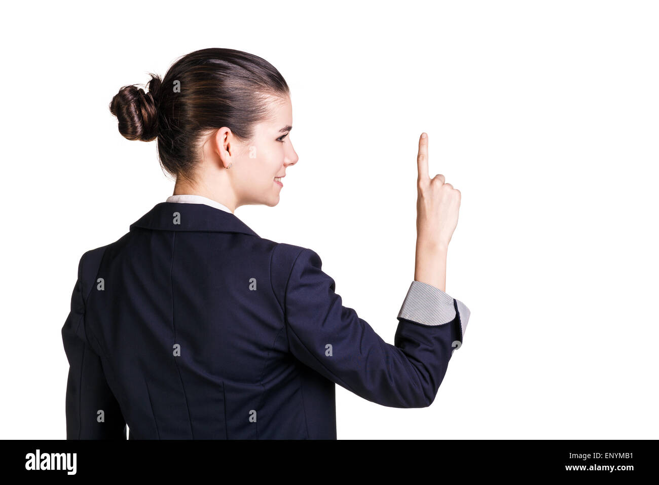 Woman with forefinger up Stock Photo - Alamy