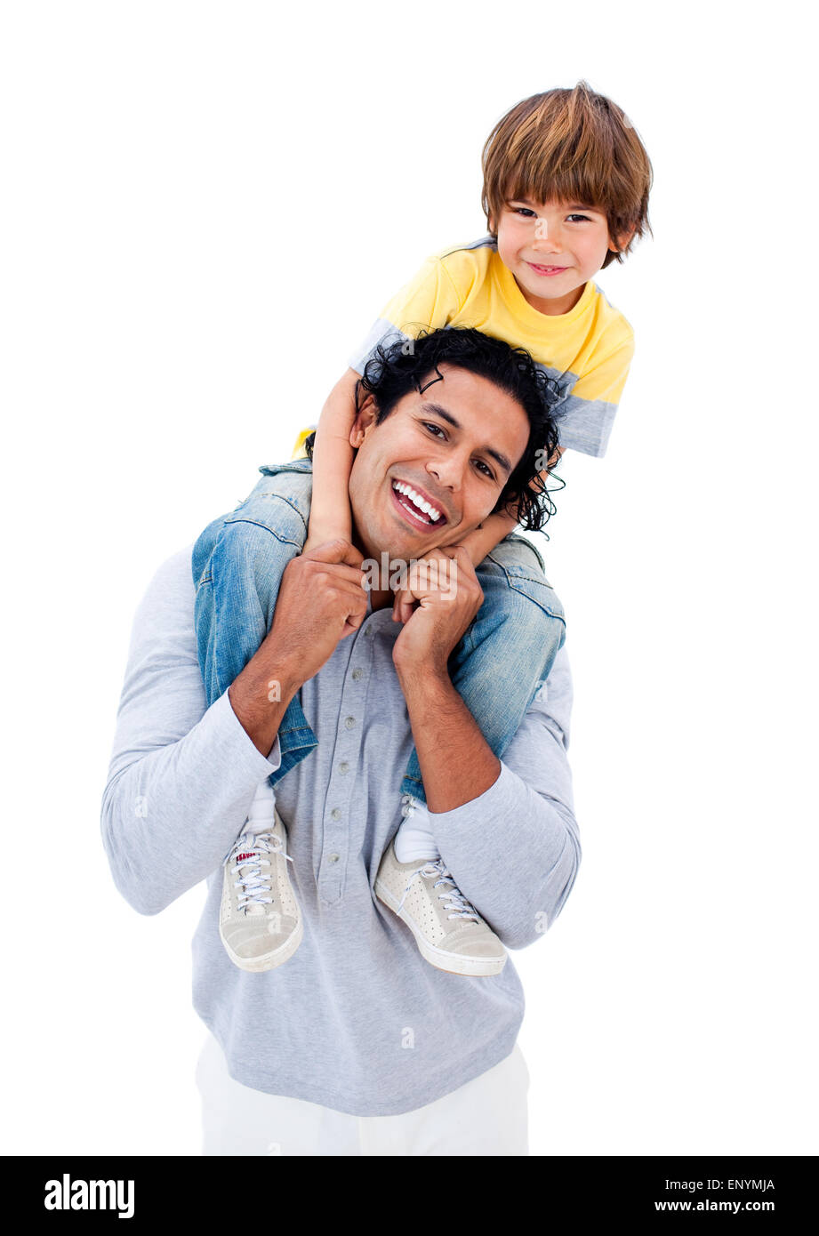 Smiling father having fun with his son against a white background Stock ...