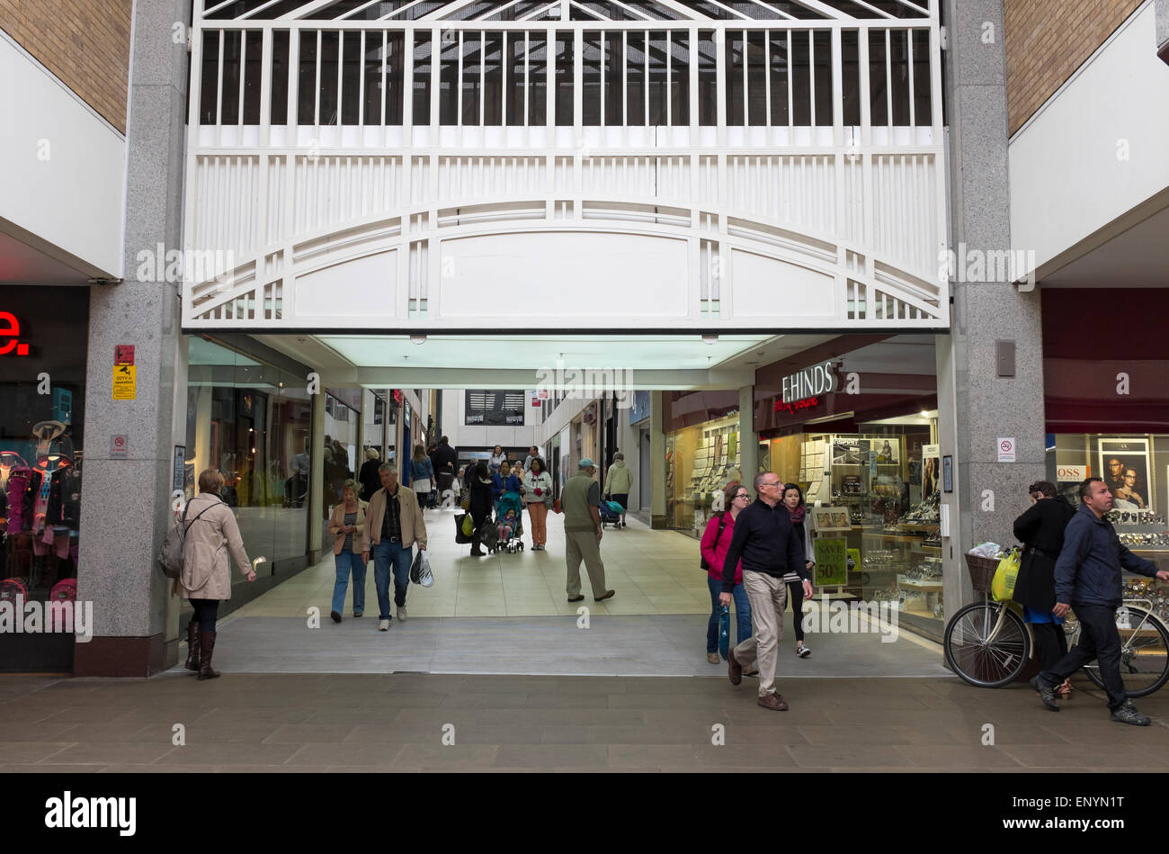 Entrance to busy Lion Yard shopping arcade from Petty Cury Cambridge ...