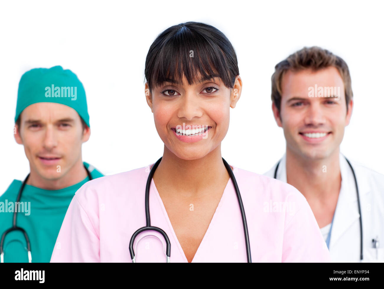 Presentation of a cheerful medical team against a white background ...
