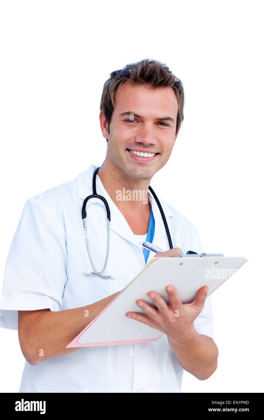 Portrait a charming male doctor writing notes against a white ...