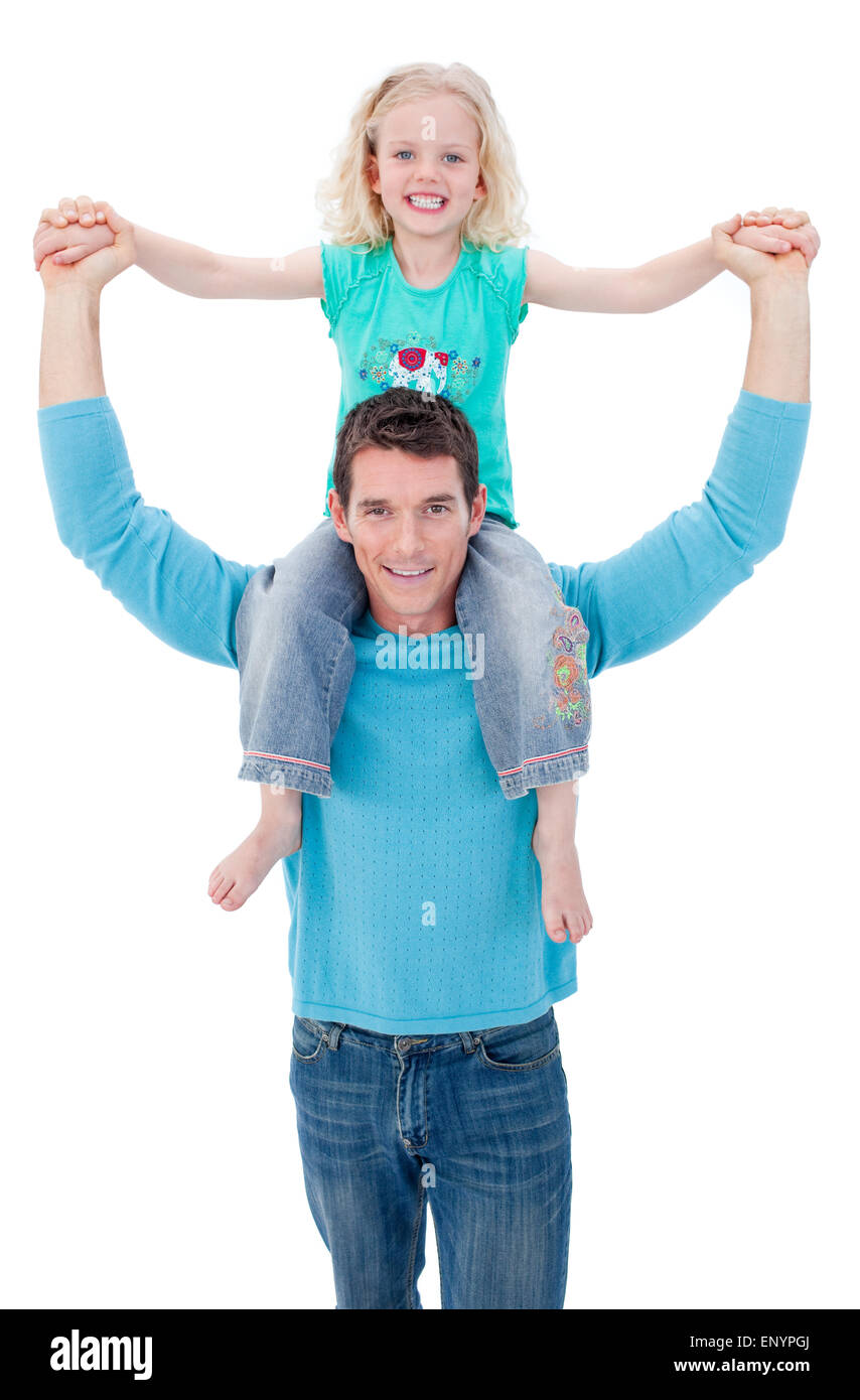 Blond little girl enjoying piggyback ride with her father Stock Photo ...