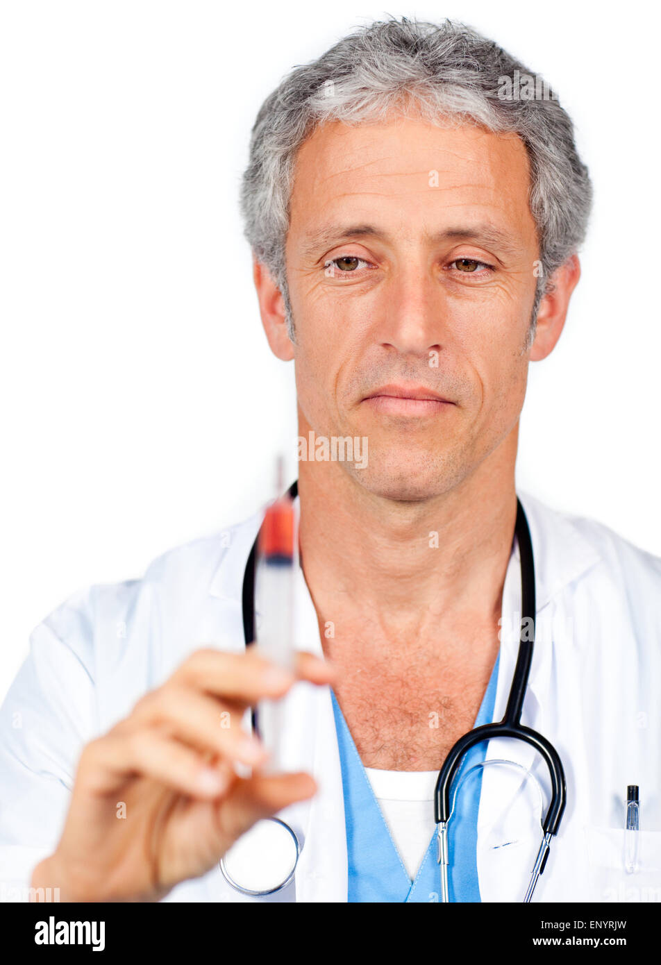 Serious doctor presenting a syringe Stock Photo - Alamy