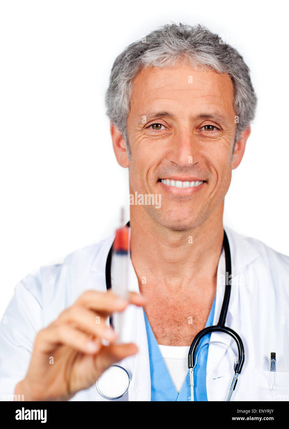 Smiling doctor presenting a syringe Stock Photo - Alamy