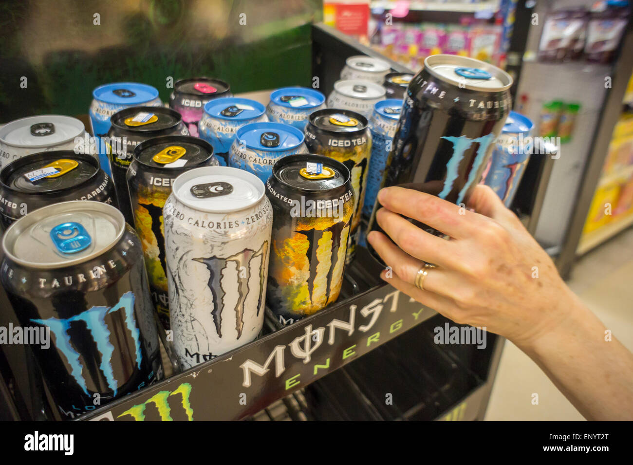 A display of Monster brand energy drinks in a supermarket in New York ...