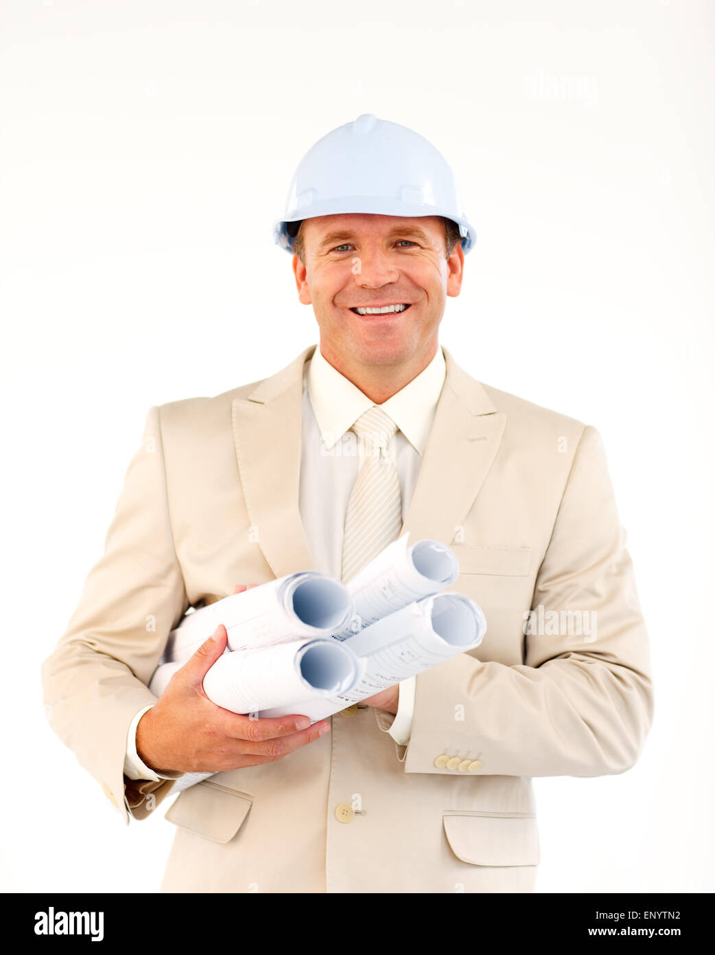Confident architect holding blueprints Stock Photo - Alamy