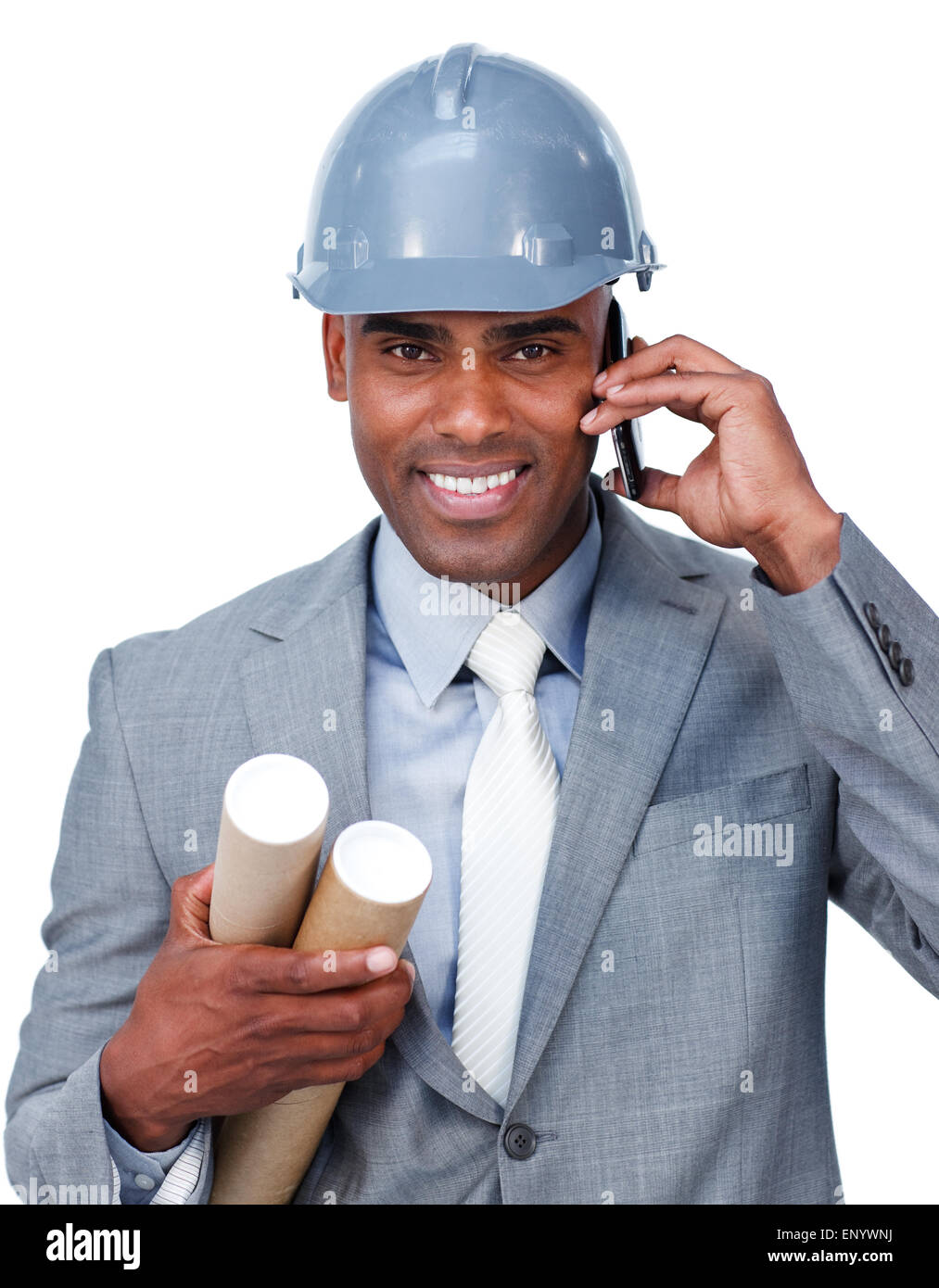 Confident male architect on phone isolated on a white background Stock ...