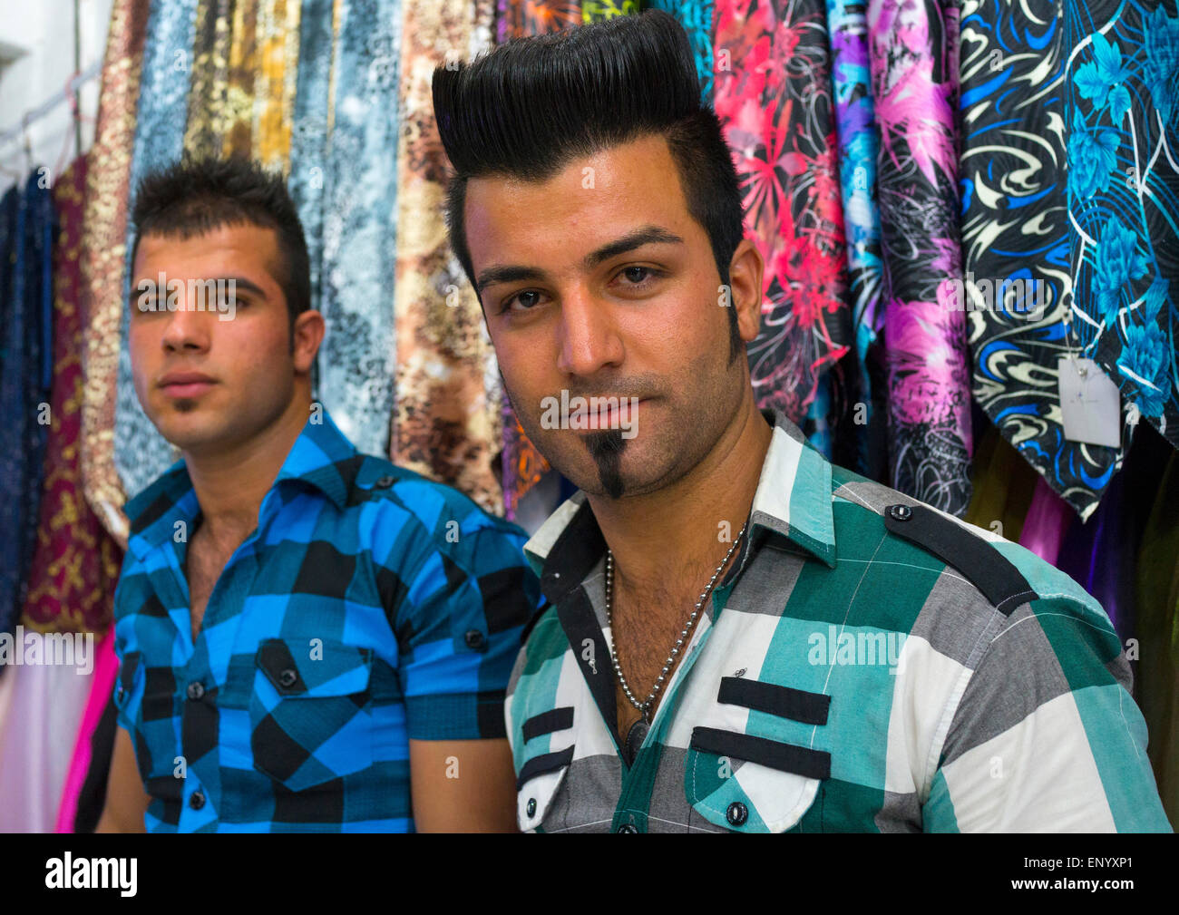 Iran, Kermanshah, Young Men With Spiky Haircut In The Bazaar Stock ...